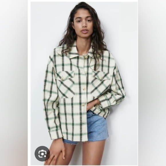 Zara | Jackets & Coats | Zara Cream And Green Plaid Oversized Shacket ...
